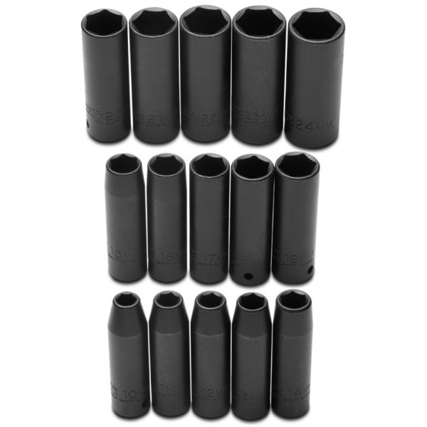 Proto® J74217 1/2" Drive 15 Piece Impact Metric Thin Wall Socket Set - 6 Point